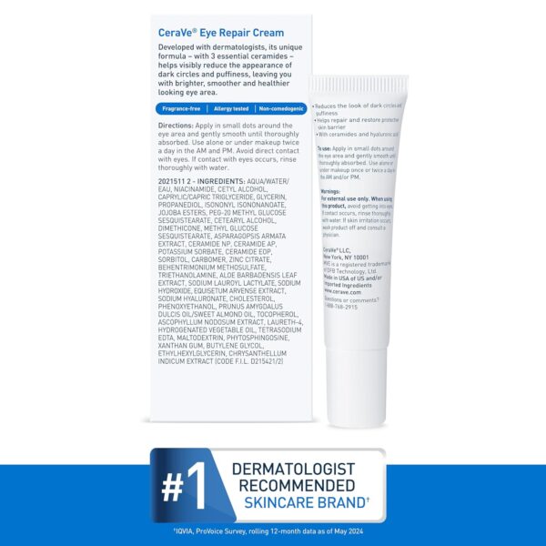 CeraVe Eye Repair Cream, Under Eye Cream For Puffiness And Bags Under Eyes, Hyaluronic Acid + Niacinamide + Marine Botanical Complex, Oil Free & Opthalmologist Tested